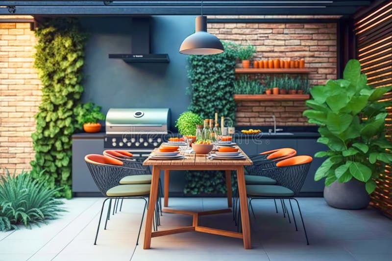 A Stylish and Modern Outdoor Space with a Barbecue Grill and a Dining ...