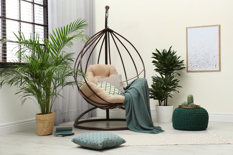 Stylish Room Interior with Swing Chair Stock Image - Image of ...