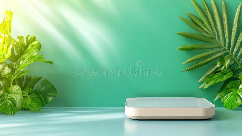 Light Green Backdrop with Modern Smart Device and Tropical Plants on a ...
