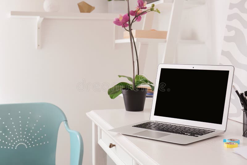 Stylish Modern Workplace with Laptop at Home Stock Image - Image of ...