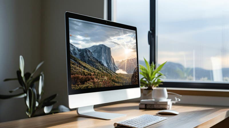 Modern Workspace with Computer and Mountain Landscape on Screen Stock ...