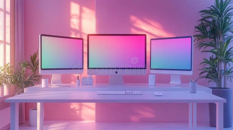 Modern Gradient Workspace with Triple Screens Stock Illustration ...