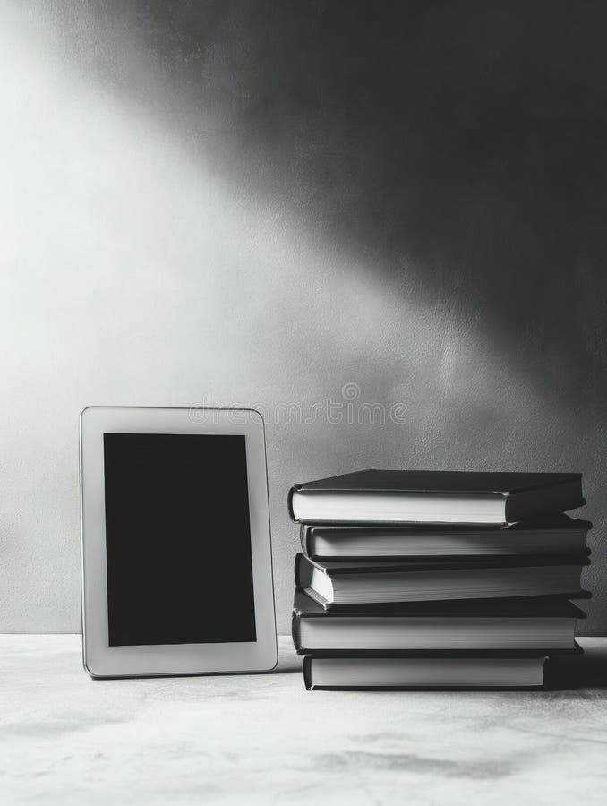 Stylish Monochrome Background Featuring Books and a Digital Tablet in a ...