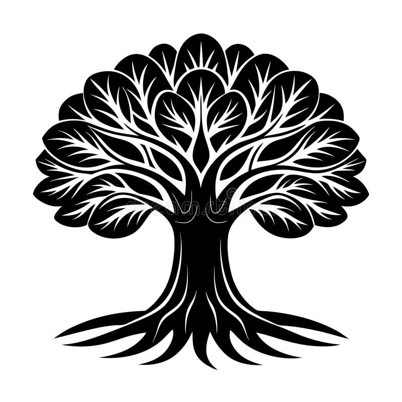 Monochrome Tree Illustration: Graphic Tree with Roots and Leaves on ...