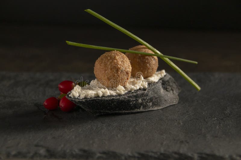 Stylish New Canapes with Foie Gras on the Black Bread Stock Image ...