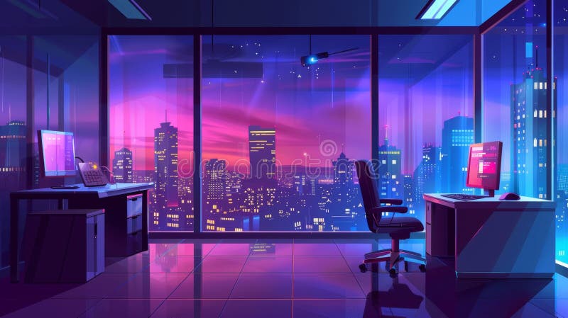 Stylish Night Office Interior with Desk Near Window Cartoon Background ...