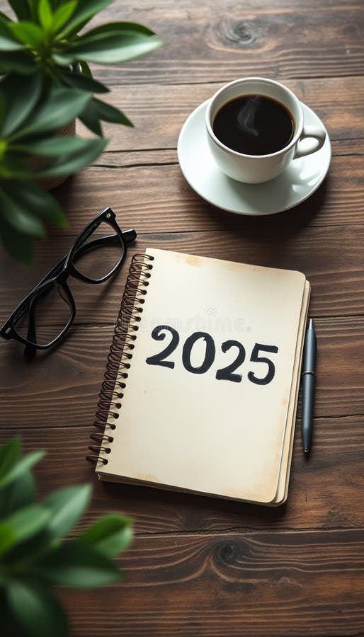 Stylish Notebook Marked 2025 Steaming Cup Coffee Stock Photos - Free ...