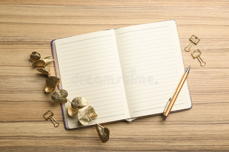 Stylish Notebook on Wooden Table, Flat Lay Stock Photo - Image of ...
