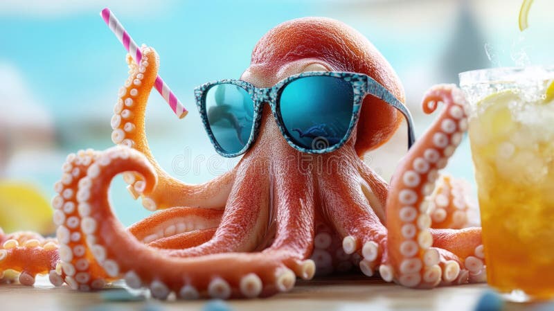 Stylish Octopus Relaxing with Sunglasses and Drink at the Beach Stock ...