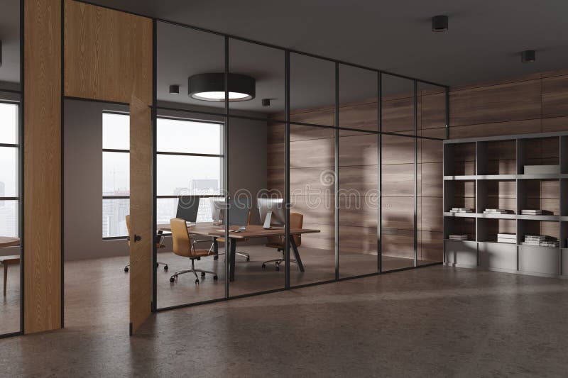 Stylish Office Coworking Interior with Pc Computer, Glass Doors with ...