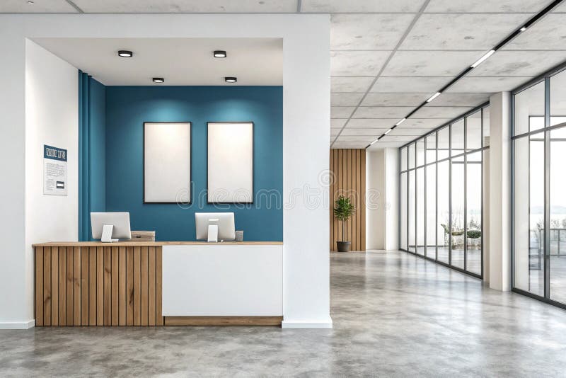 Stylish Office Hall with Reception Counter and Computers Stock ...