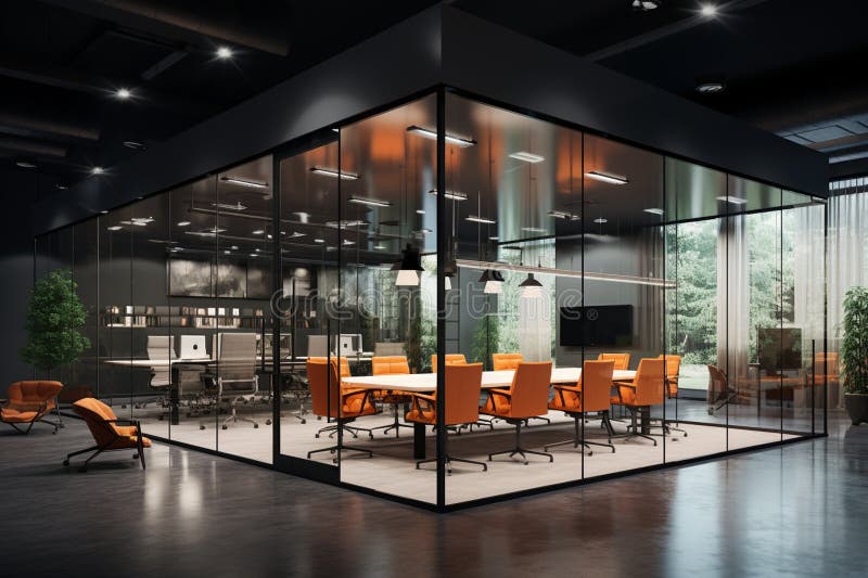 Stylish Office Interior with Armchairs and Pc Computer on Table in Row ...