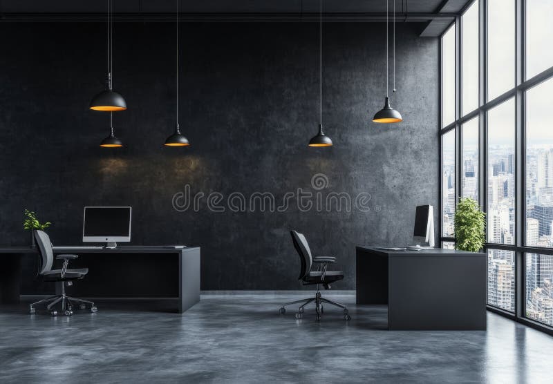 Stylish Office Interior with Desks, PC Monitors, and Panoramic Views ...