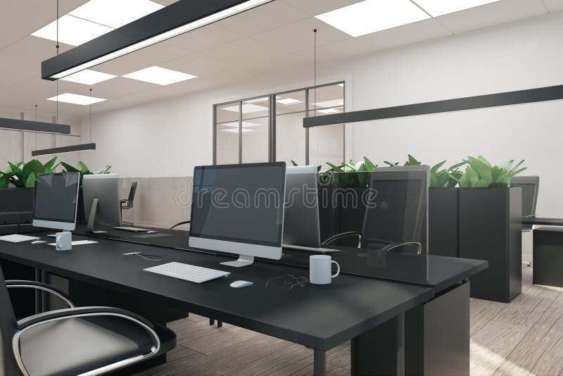 Stylish Office with Computer Stock Illustration - Illustration of black ...
