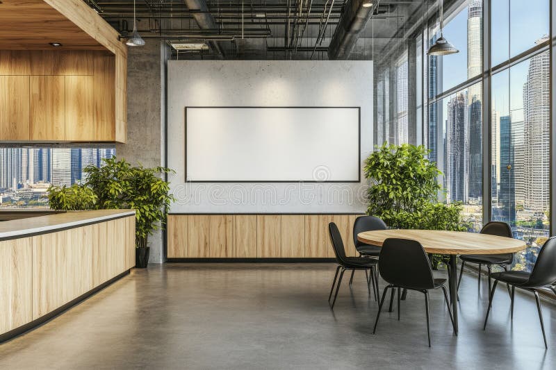 A Stylish Office Interior with a Kitchen Cabinet and Eating Table. this ...