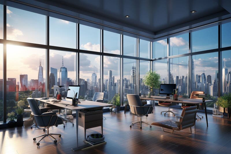 Stylish Office Interior with Large Windows and Stock Illustration ...