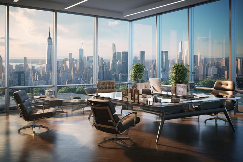 Stylish Office Interior with Large Windows and Stock Illustration ...