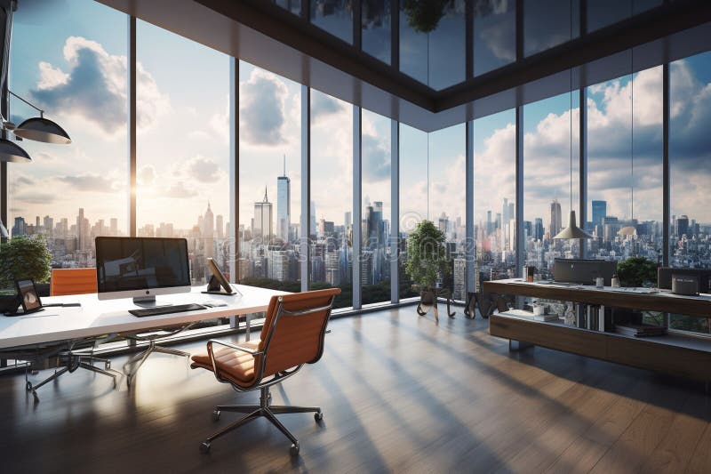 Stylish Office Interior with Large Windows and Stock Illustration ...
