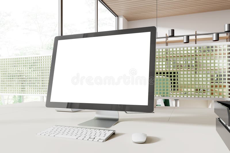 Stylish Office Interior with Pc Computer Mockup Screen on Table and ...