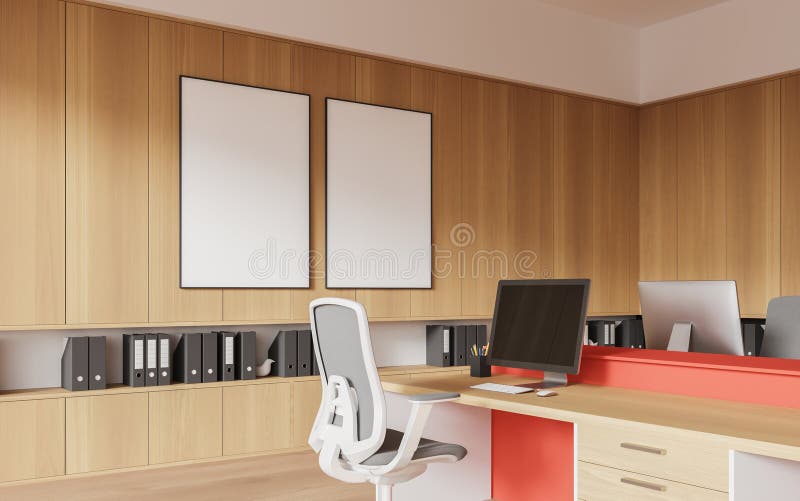 Stylish Office Interior with Pc Computers on Work Desk. Mockup Frames ...