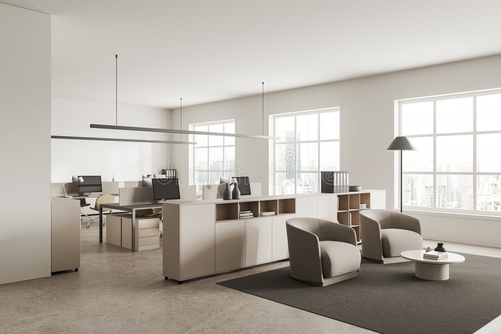 Stylish Office Interior with Relax Place and Work Corner Near Panoramic ...