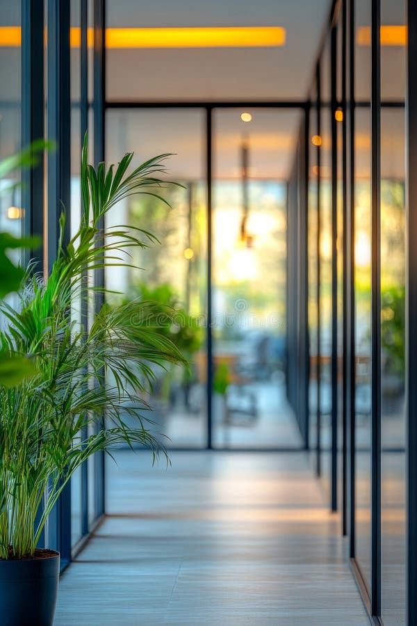 A Long Corridor Features Glass Walls and Soft Shadows, Showcasing an ...