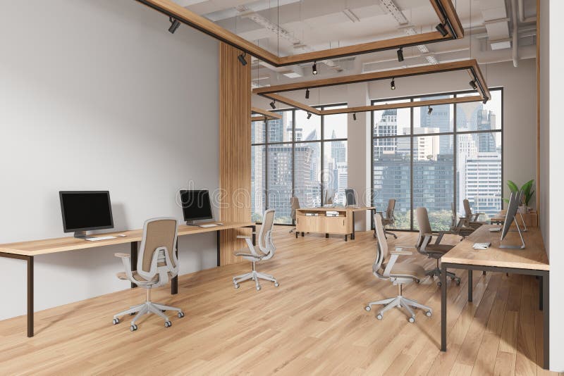 Stylish Office Interior with Table and Chairs, Workspace Near Panoramic ...