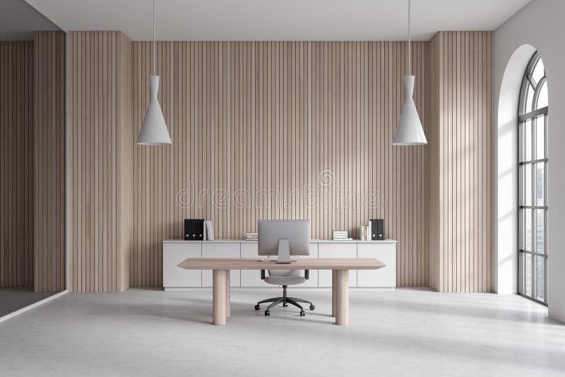 Modern Office Interior Work Desk Sideboard Panoramic Window Stock ...