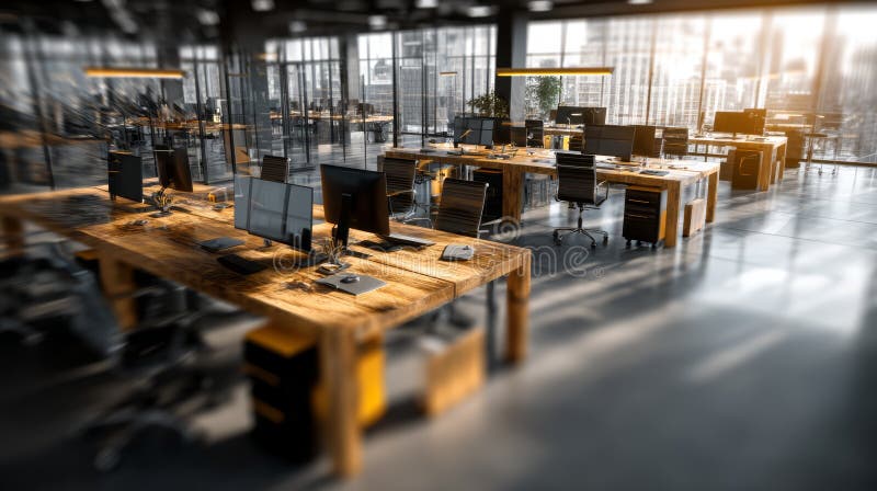 Stylish Office Layout with Modern Workstations and Bright Natural Lighting Stock Illustration ...