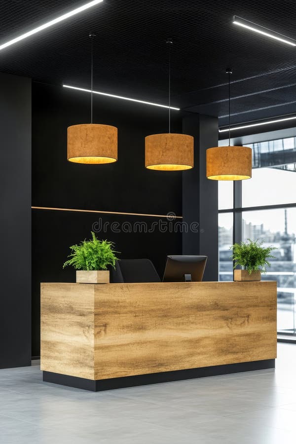 Stylish Office Reception Desk with Plant Accents and Lighting Stock ...