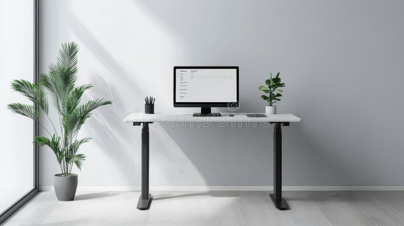 A Stylish Office Setup Showcases an Adjustable Height Desk with a ...