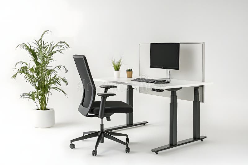 Stylish Office Space with Adjustable Desk and Greenery for a Productive ...