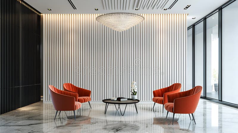 Stylish Office Waiting Area with Striped Wall Chandelier. 3D Rendering ...