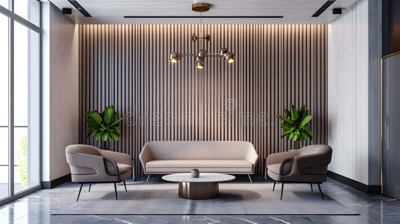Stylish Office Waiting Area with Striped Wall Chandelier. 3D Rendering ...