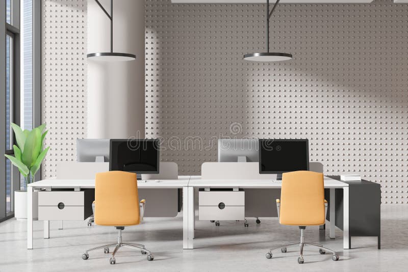 Stylish Office Workplace Interior with Pc Monitors in Row, Panoramic ...