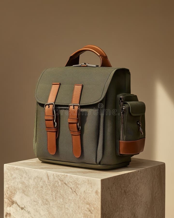 A Stylish Olive Green Backpack with Leather Accents, Suitable for Work ...