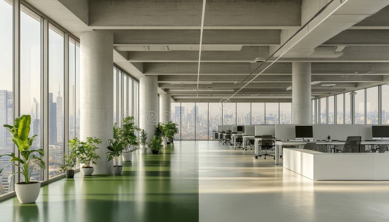 Stylish Open Concept Office Interior with Panoramic Views and Concrete ...