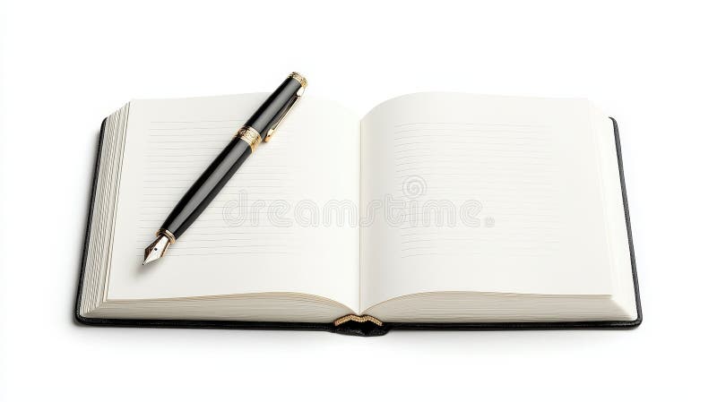 A Stylish Open Notebook with Blank Pages Next To a Sleek Fountain Pen ...