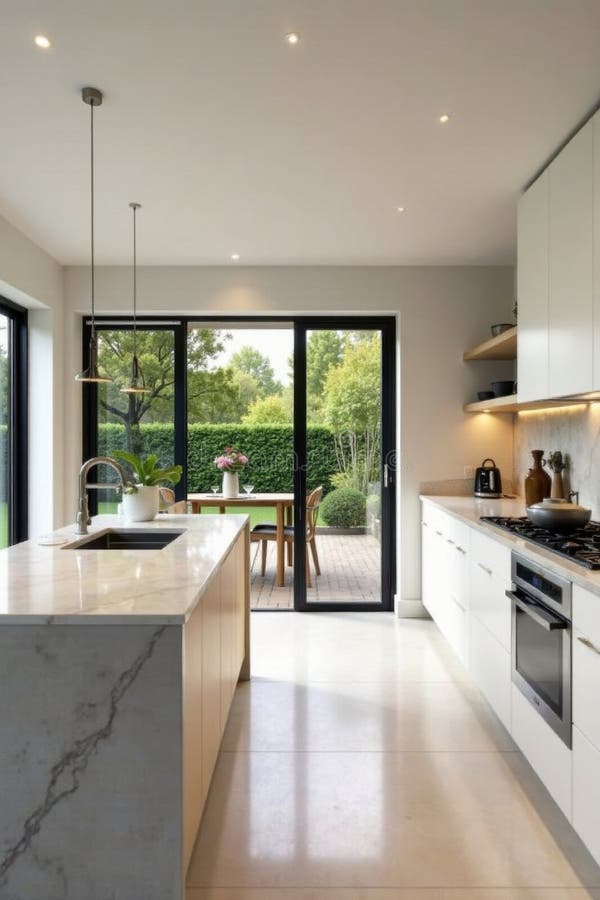 Stylish Open Plan Kitchen, Marble Countertops, Kitchen, Pendant Lights ...