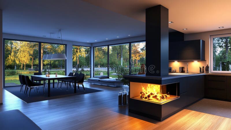Stylish Open Plan Matte Black Kitchen and Dining Space Featuring a Cozy ...