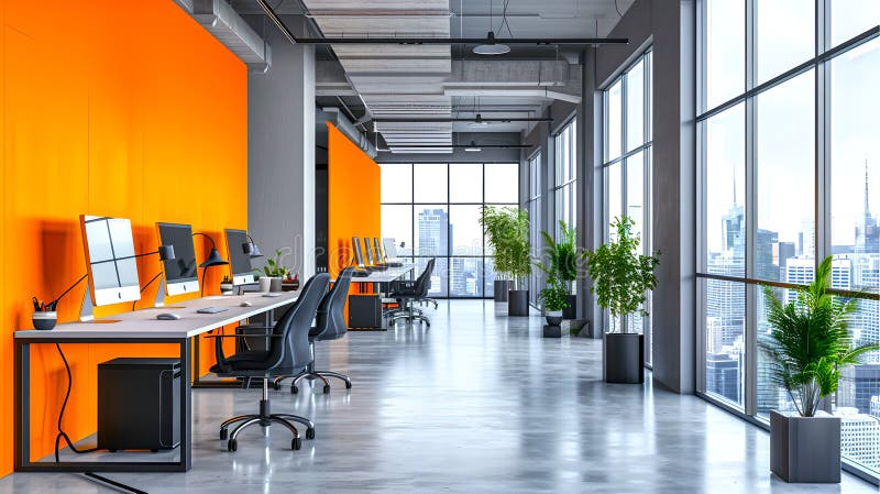 Modern Open-plan Office Space with Bright Orange Accent Wall, Ergonomic ...
