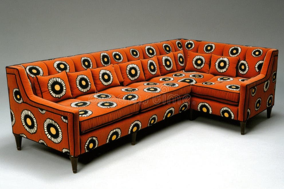 Stylish Orange Sectional Sofa with Bold Pattern and Circular Designs ...