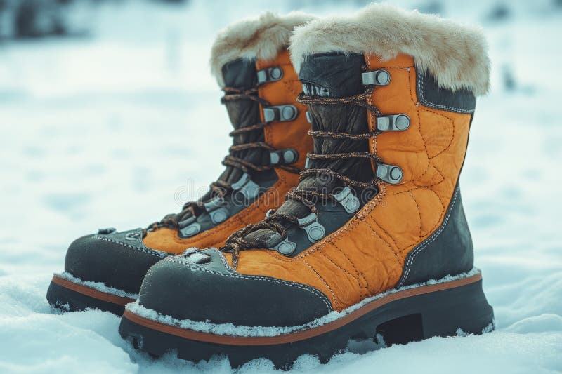 Stylish Orange Winter Boots Standing on Fresh Snow, Ready for a Winter ...