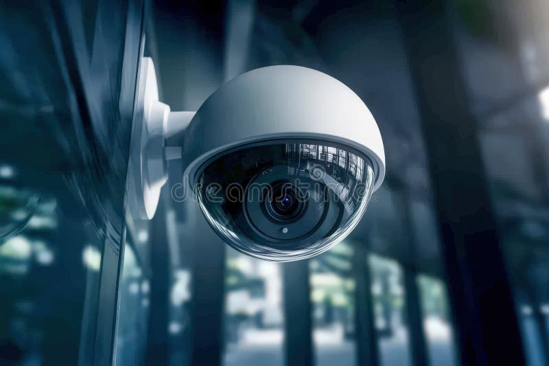 Stylish Outdoor Security Camera Captured Against Reflective Glass ...