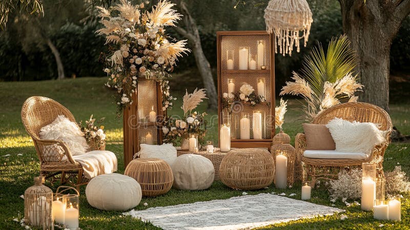 A Stylish Outdoor Wedding Setup with Chic Decorations and Candles Stock ...