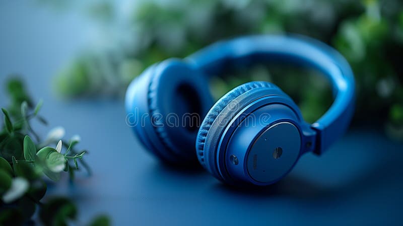 Stylish Over-Ear Blue Headphones in a Natural Setting Stock ...