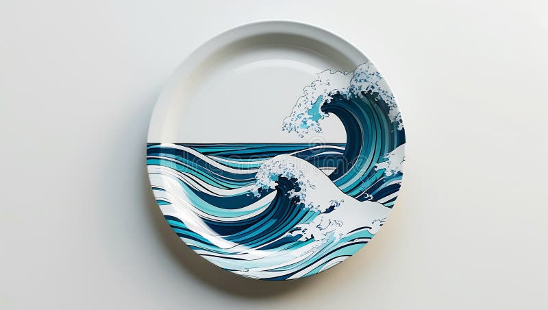 Stylish Painted Design Ocean Wave Plate Placed on the Surface with a ...