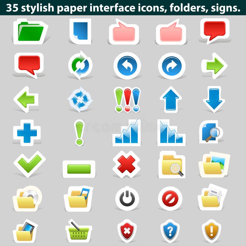 Stylish Paper Interface Icons, Folders, Signs. Stock Vector ...