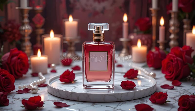 Elegant Valentines Perfume Red Bottle Mockup with Roses and Candlelight ...