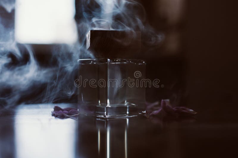 Stylish perfume in smoke stock photo. Image of packaging - 281694408